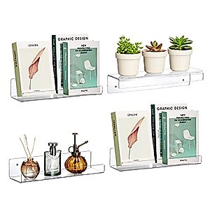 Amazing Abby 4-Pack 15-Inch Acrylic Transparent Floating Wall Shelf, Invisible Wall-Mounted Shelf Display, 15" W x 4" D (Mounting Hardware Included)