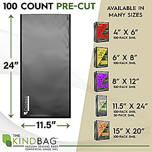 The Kind Bag Vacuum Seal Bags for Food; Food Grade, BPA Free & Freezer Safe; Airtight, Odor Free and Moisture Free; Commercial Grade 5mil Clear & Black; 11.5x24 inch Pre Cut Bags with Zipper (50 ct)