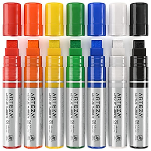 Arteza Acrylic Paint Markers, 7 Acrylic Paint Pens in Classic Colors, 3-in-1 Multi-Line Nibs, 5–15 mm Line, UV-Resistant, Art & Craft Supplies, Use on Canvases for Painting, Glass, Plastic, Rock