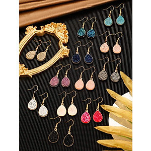 12 Pairs Faux Druzy Drop Earrings Crystal Pendant Dangle Earrings Multicolor Stainless Steel Earrings for Women