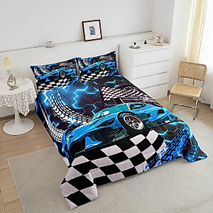 Toddler Race Car Bed for Boys,Teal Neon Lights Honeycomb Twin Size Bedding Set Cool Sports Car Glitter Beehive Geometric Hexagon Comforter Set,Black White Grid Lattice Quilt Buffalo Plaid Decor