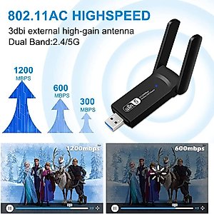 WiFi Adapter, 1200Mbps Dual Band 5G/2.4G Wireless Network Adapter, USB 3.0 MU-MIMO WiFi Dongle with High Gain Antennas for Desktop PC, Supports Windows/Mac OS X