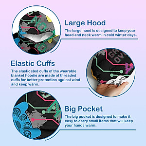 Sleepwish Gaming Wearable Blanket Modern Sweatshirt for Boys, Colorful Gamepad Blanket Hoodie with Sherpa for Teens, Youth, Boys, Girls (Adults 63" x 39")