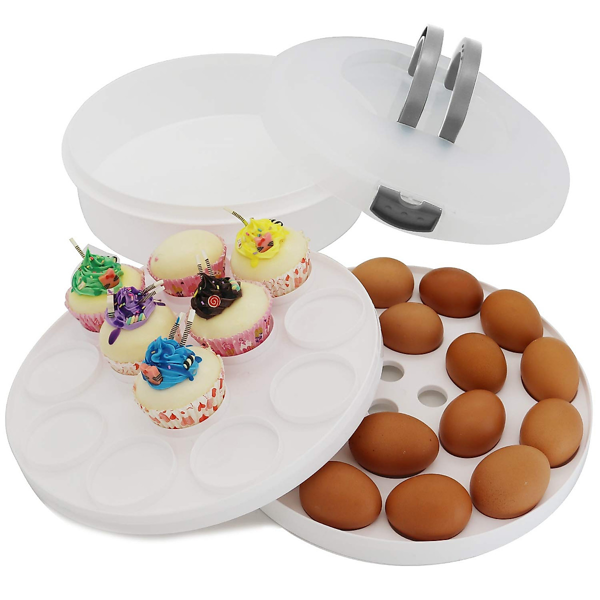 FEOOWV Portable Pie Cupcake Carrier with Lid and Tray 3-In-1 Round Cupcake Container Egg Holder Deviled Egg Tray Muffin Tart Cookie Food Keeper 10 Inch