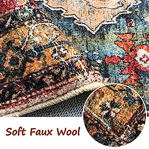 Boho Washable Area Rug 3x5 Bedroom Entry Throw Rug Distressed Medallion Bohemian Faux Wool Indoor Rug Non-Slip Low Pile Carpet for Entrance Living Room Bedroom Dining Table