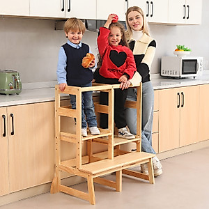 SDADI Kitchen Step Stool Tower for 2 Kids, Adjustable Height Double Learning Stool, Solid Wood Construction Toddler Tower (Natural)