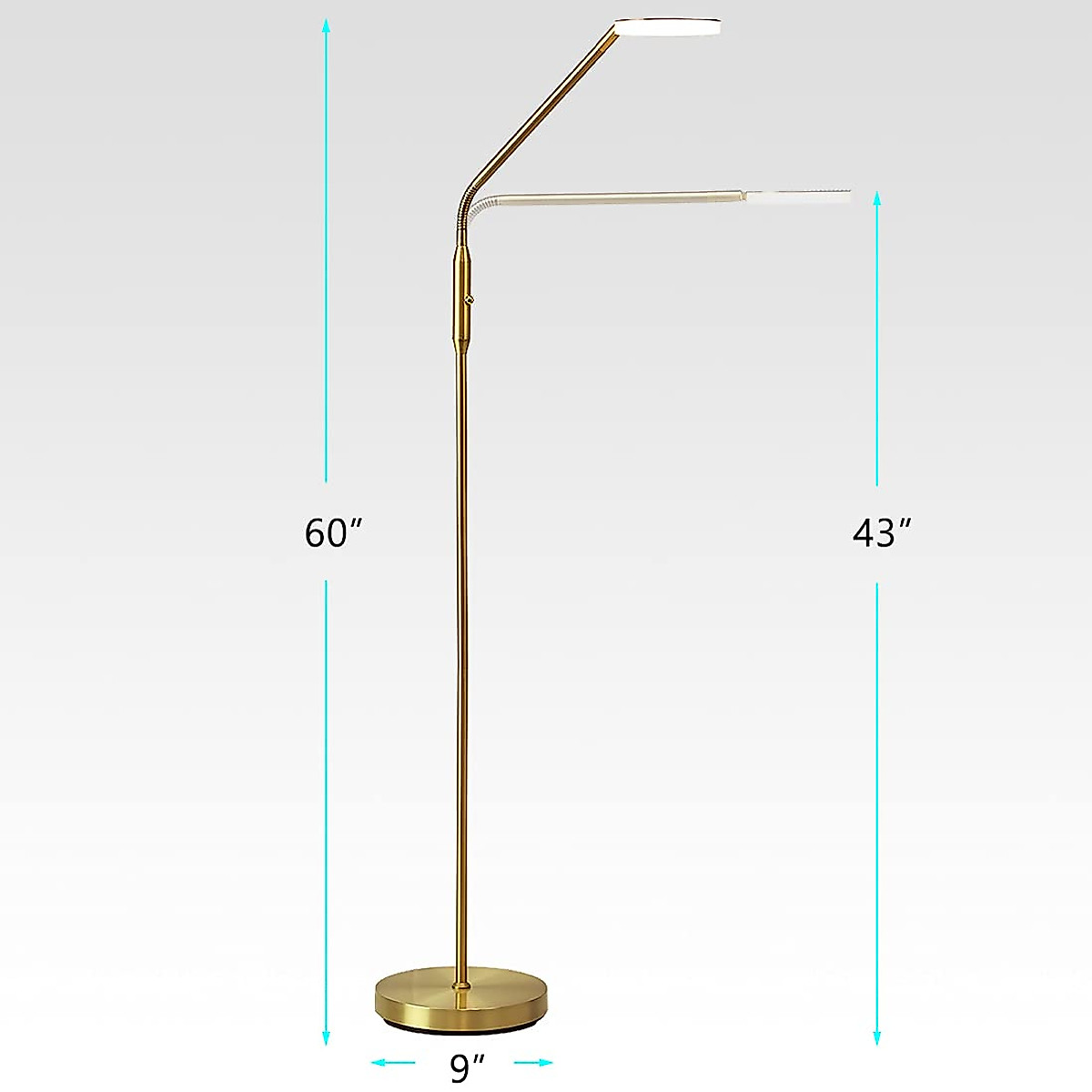 O’Bright Moon - Dimmable LED Floor Lamp, Adjustable Color Temperature for Bedside Reading, Work Light, Art/Crafting Light, Sewing, Ultra Flexible Gooseneck, Rotatable Lighting, Antique Brass (Gold)
