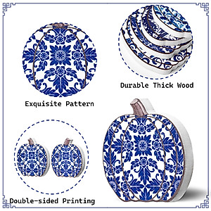 WATINC 4PCS Fall Pumpkin Wood Centerpiece Table Decor, Autumn Thanksgiving Tiered Tray Decorations, Chinoiserie Pumpkin Block Set, Halloween Rustic Harvest Party Wooden Sign for Home (Double Printed)