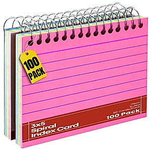 1InTheOffice Spiral Index Cards 3x5 Ruled, Spiral Bound, 50 Neon Note Cards/Spiral (2 Pack)