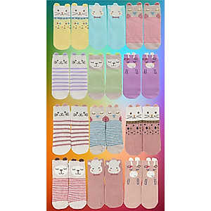 Tiny Captain Baby Toddler Girls Animal Grip Socks Tube Socks Anti-Slip Cartoon Sock (1-3T, Pink and Pastel - 12 Pairs)