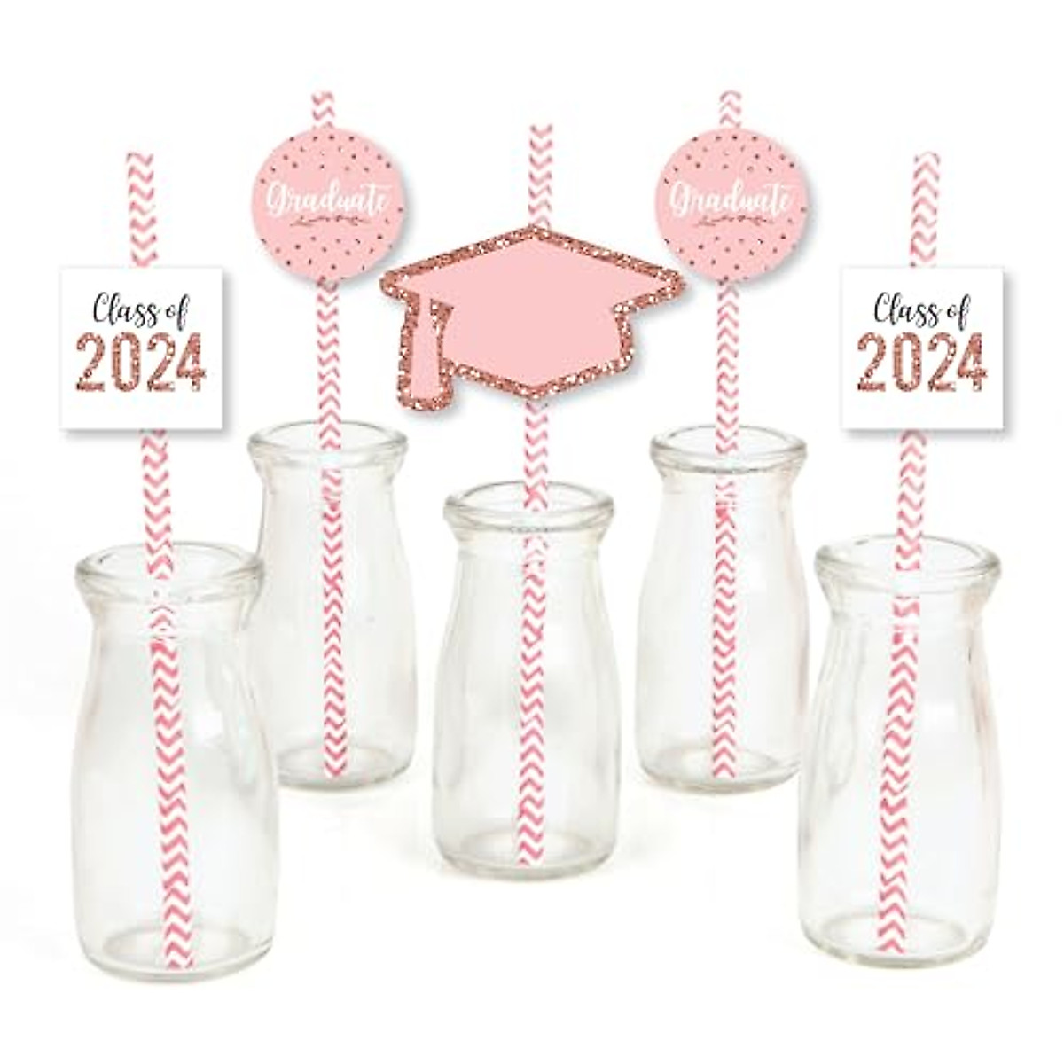 Big Dot of Happiness Rose Gold Grad - Paper Straw Decor - 2024 Graduation Party Striped Decorative Straws - Set of 24