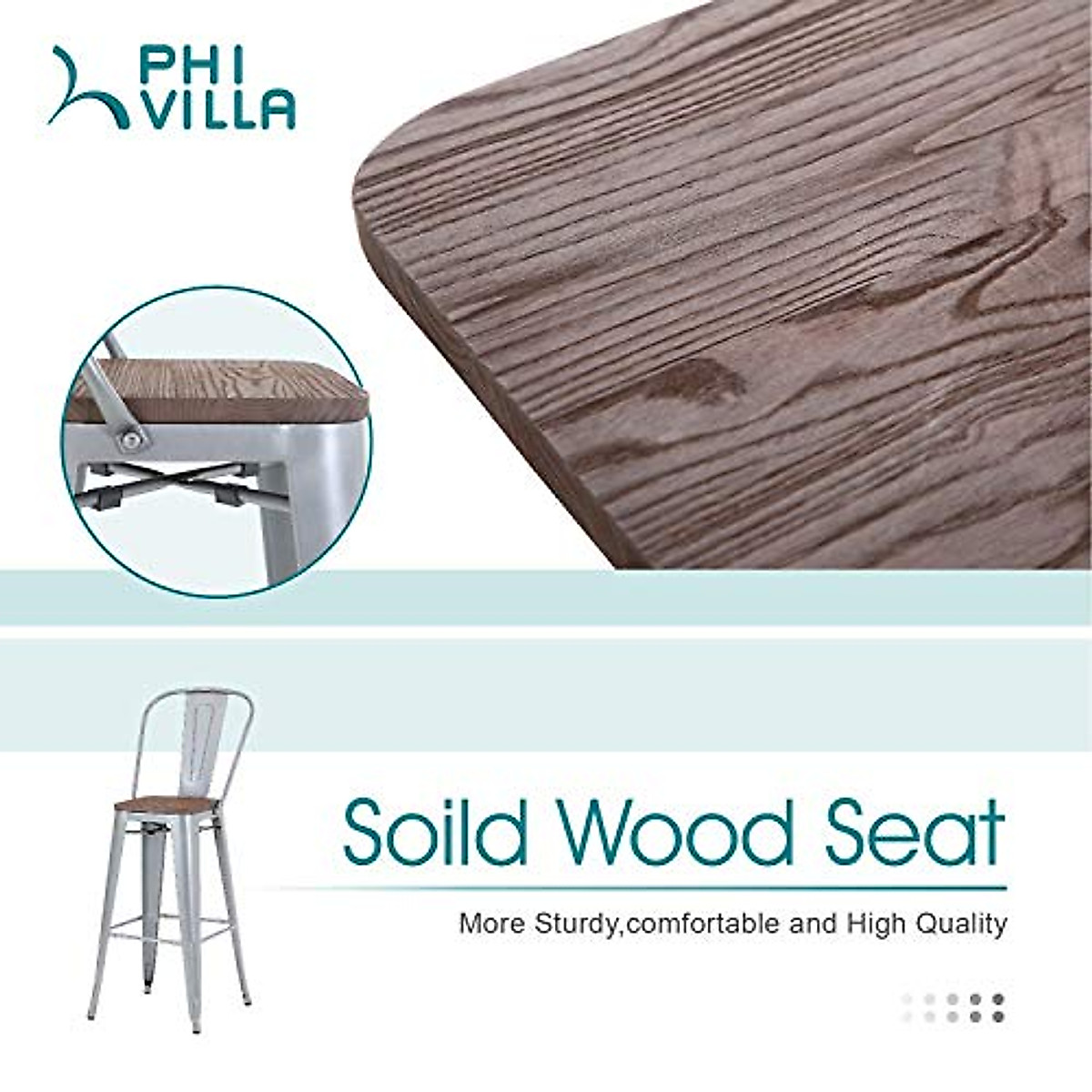 PHI VILLA Metal Patio Bar Stools Set of 4, 30 inches Counter Height Stools with Wooden Seat and High Back, Industrial Style Bar Chairs for Indoor & Outdoor, Pub, Kitchen Island - Matte Grey