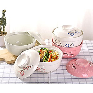 WHJY Japanese Creative Hand-painted Ceramic Tableware with Lid for Soup and Noodles, with Heat Preservation Function, Integrated Bowl and Lid - Blue Plum