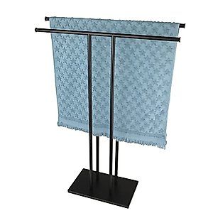 JQK Bath Towel Holder Stand Black, 30 Inch Free Standing Double Towel Rack Shelf for Bathroom Floor, Matte Black, BTH100L30-PB