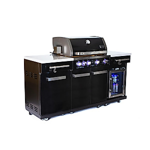 Mont Alpi MA-957FC 5-Burner 63000 BTU Black Stainless Steel Outdoor Kitchen Bar Gas Barbecue Island Grill with Infrared Rear Burner + Fridge Cabinet + Rotisserie Kit & Full Weather Cover