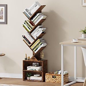Vagusicc 6 Tier Tree Bookshelf, Modern Floor Standing Bookcase with Storage Drawer, Space Saving Storage Organizer Book Shelves for Books, Tall Wood Storage Rack for Bedroom/Living Room/Home Office