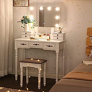 BEWISHOME Vanity Desk with Mirror and Lights, Makeup Vanity with Lights, Vanity Table with 8 LED Bulbs & 3 Colors Lighting, White Vanity Set with 7 Drawers & Stool, Dressing Table Makeup Desk FST13W