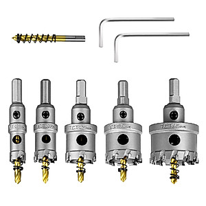 SALI 5pcs TCT Hole Saw Kit Tungsten Carbide Tipped Hole Saw Drill Bit with Titanium-Plated Pilot Drill bit for Metal, Stainless Steel, Iron, Wood, Plastic 5/8"-1-3/4" 16mm+22mm+29mm+35mm+45mm