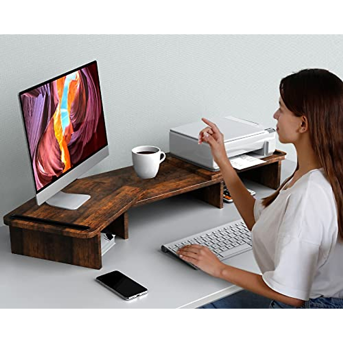 Zimilar Dual Monitor Stand Riser, Monitor Stand with Adjustable Length and Angle, Wood Monitor stand for desk, Monitor Riser for 2 monitors with Storage Space (Rust Brown Large)