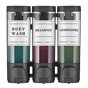 Shampoo and Conditioner Dispenser Shower Dispenser Body Wash Wall Mounted Shampoo Dispenser for Shower Wall No Drill for Bathroom Hotel 3 Chamber x 300ml Black with Waterproof Labels