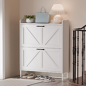 Betterhood Shoe Storage Cabinet with 2 Flip Drawers, Entryway Slim Shoe Rack Cabinet, Freestanding Hidden Shoe Organizer Cabinet with Metal Legs, White