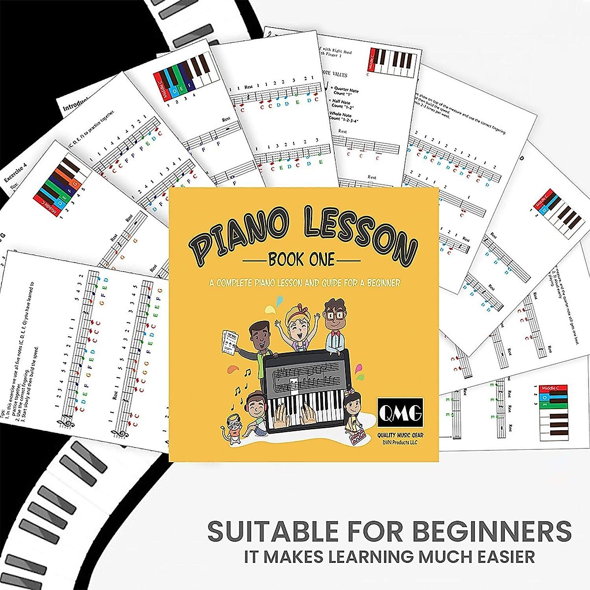 QMG Piano and Keyboard Note Chart and Complete Color Note Piano Music Lesson and Guide Book for Kids and Beginners