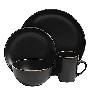 Gibson Home Rockaway Round Stoneware Dinnerware Set, Service for 4 (16pcs), Black/Gold Rim