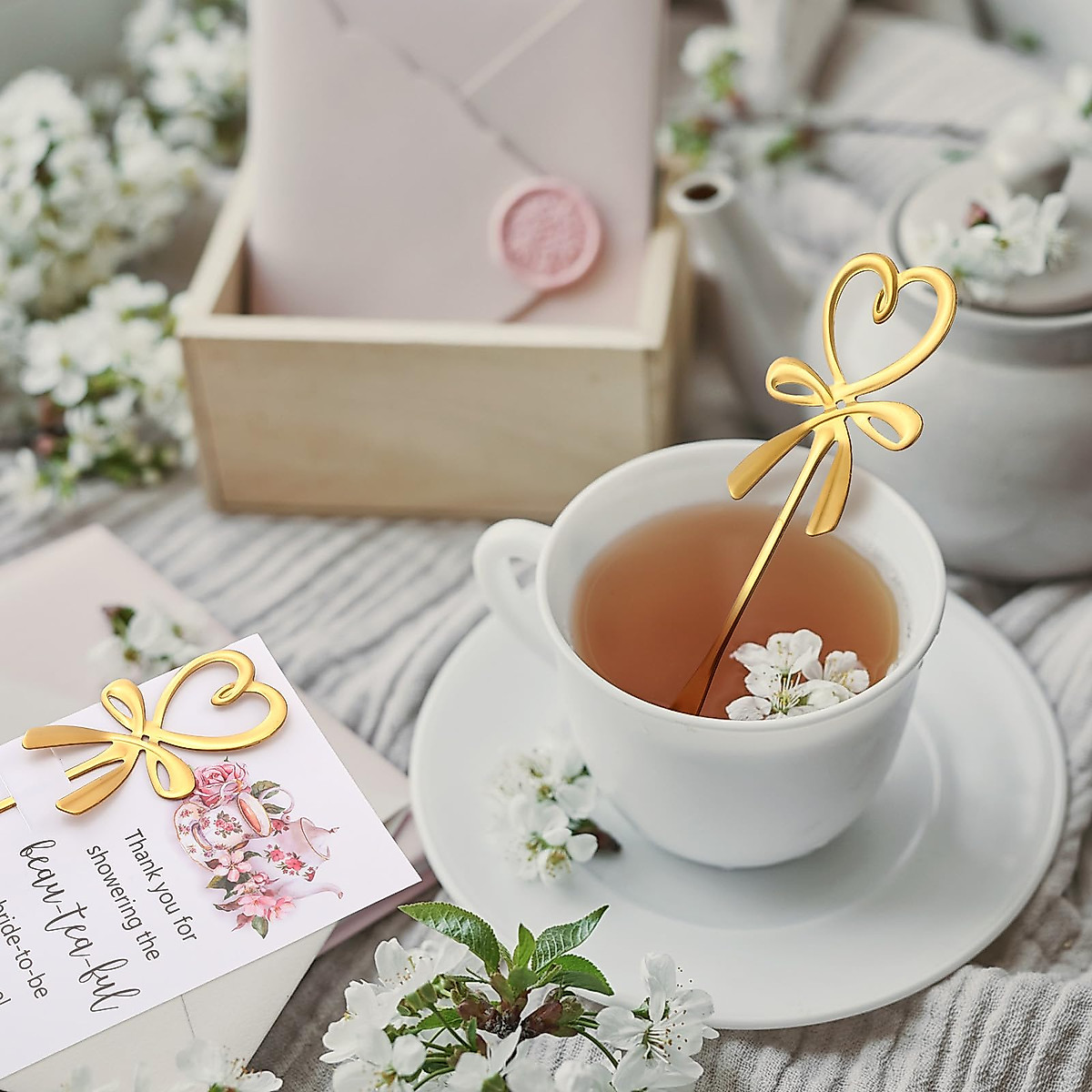 Skybooly 25 Sets Bridal Shower Tea Party Favors for Guests Mini Coffee Spoons Small Tea Spoons Heart Spoon Love Spoon with Bow with Thank You Cards Wedding Souvenirs Tea Party Supplies