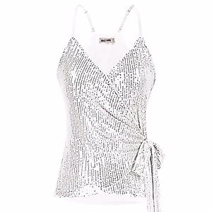 Sparkle Tops for Women Sequin Tank Top V Neck Tie Waist Top Sexy Club Cocktail Vest Shirt Silver White M