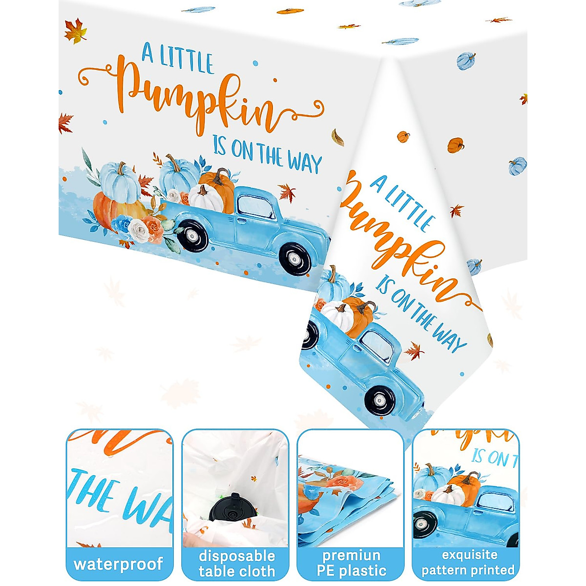 Nefelibata 3Pcs Blue Pumpkin Baby Shower Tablecloths A Little Pumpkin is On The Way Plastic Table Cover Party Supplies for Fall Halloween Thanksgiving Boy Baby Shower Party Decor