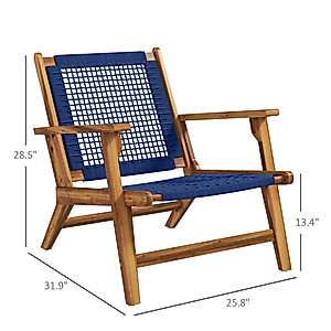 Outsunny Patio Acacia Wood Adirondack Chair, Modern Wood Fire Pit Chair with PP Rope Weave, Coconino Lounge Chair with High Backrest Support, Dark Blue