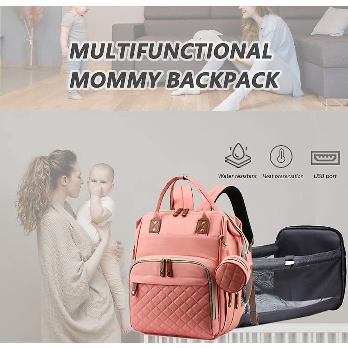 TUTCHY Baby Diaper Bag Backpack With Changing Station Pad, 3 In 1 Diaper Backpack For Dads and Mums, Large Waterproof Travel bag (Pink)