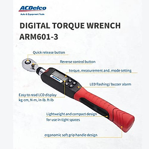 ACDelco ARM601-3 3/8” (3.7 to 37 ft-lbs.) Digital Torque Wrench with Buzzer and LED Flash Notification – ISO 6789 Standards with Certificate of Calibration