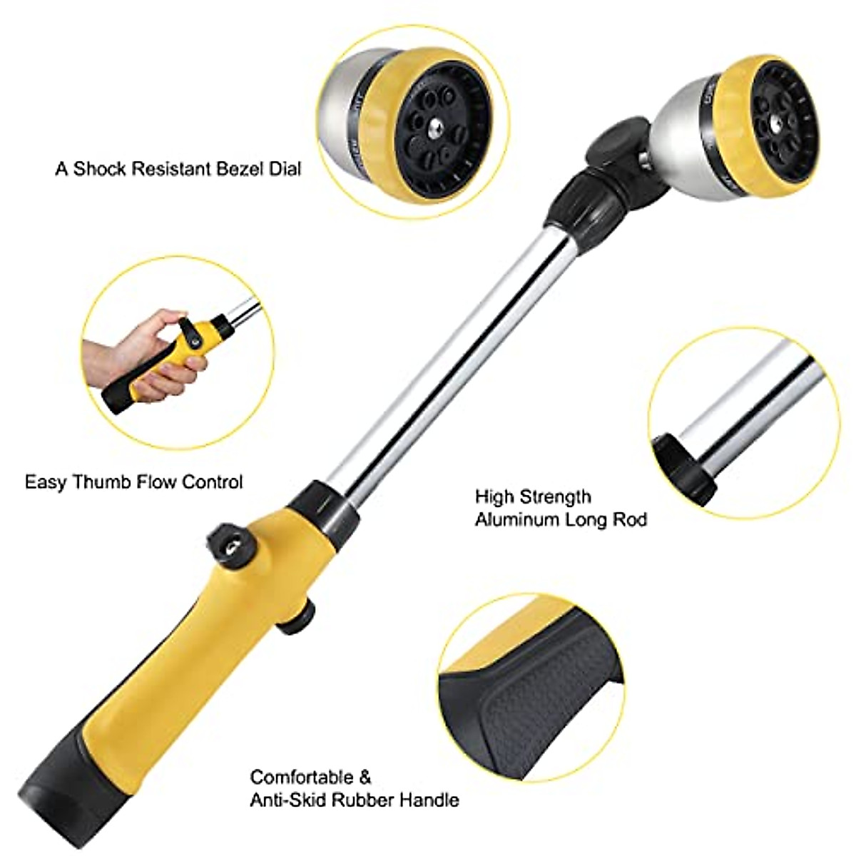 FANHAO 16 Inches Garden Watering Wand, 180° Rotating Head Hose Wand with Thumb Control Shut Off Valve 8 Patterns Heavy Duty Garden Hose Nozzle