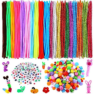 Pipe Cleaners Craft Set with DIY Tutorial, Included 200Pcs Multicolor Pipe Cleaners Chenille Stems, 200Pcs Pom Poms, 200Pcs Self-Sticking Wiggle Googly Eyes, for DIY Art Craft