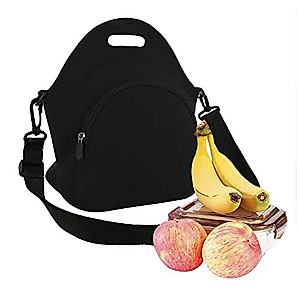 Armofit Black Neoprene Lunch Bag Insulated Reusable Washable Lunch Tote Waterproof Foldable Handbag with Detachable Strap and Extra Front Pocket for Women Men Work Office Picnic
