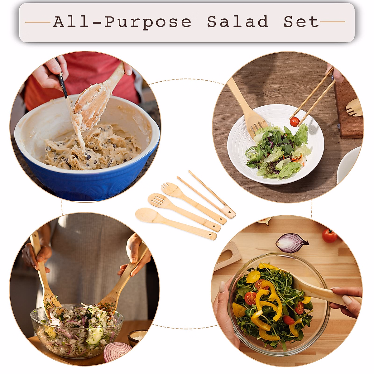 [4PCS] Wooden Bamboo Cooking Utensils : Salad Tongs, Wood Spoons, Slotted Spoon, Bamboo Forks, 11.8inch Long Handle Salad Serving Utensils is Perfect Choice for Daily Cooking and Gifts.USOONESP