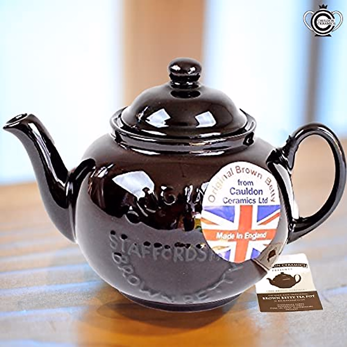 Cauldon Ceramics Classic Brown Betty Teapot | Hand Made 4 Cup Brown Betty Teapot with Logo | Made with Staffordshire Red Clay | Traditional Teapot | Authentic, Made in England Teapot | 36 fl oz