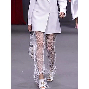 Yokawe Sparkly Crystal Mesh Pants Rhinestone Hollow Out Fishnet Bottoms Rave Party Festival Club Trousers Summer Beach Body Accessories for Women (White)