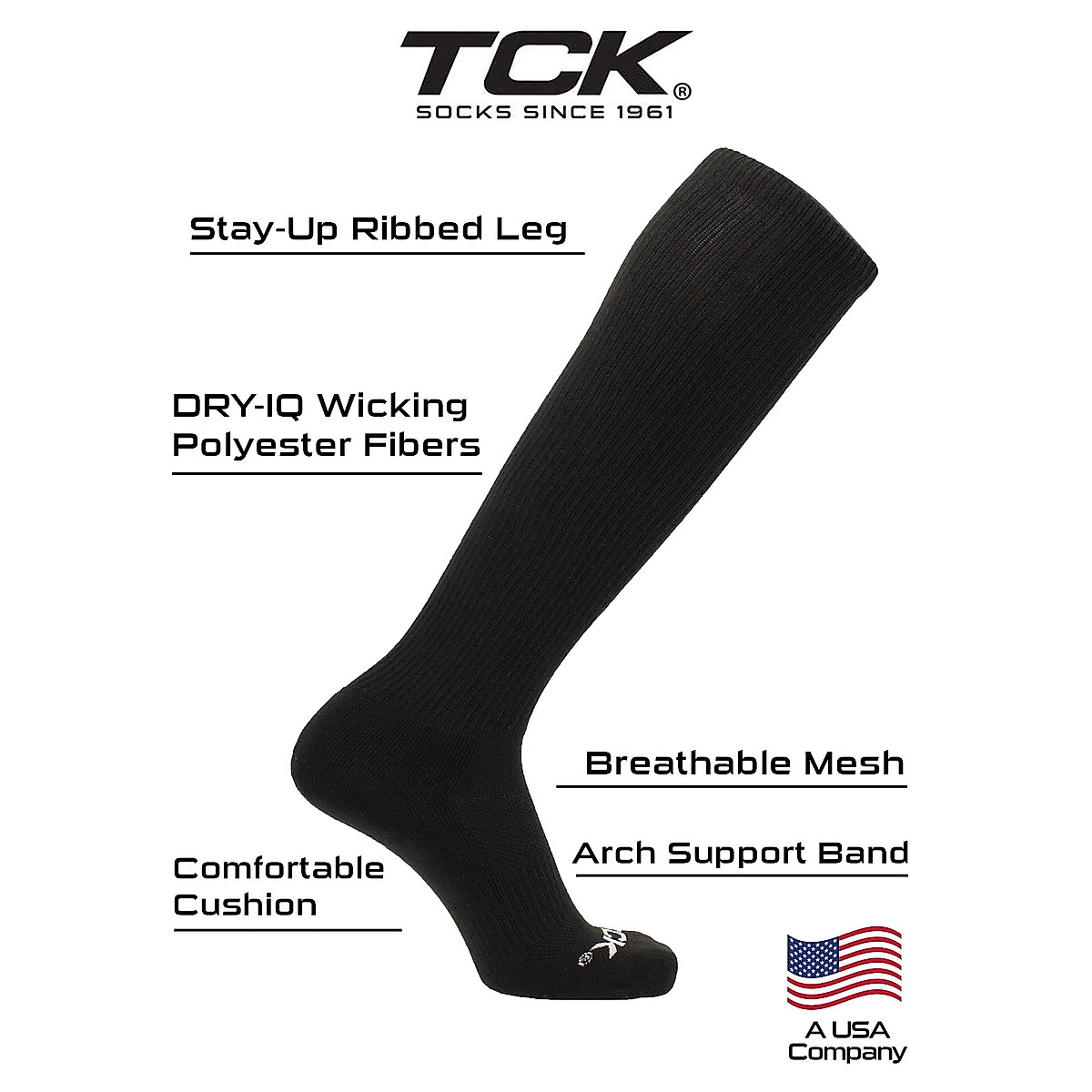TCK Over the Calf Work Socks 6 Pair Moisture Wicking for Men and Women (Black, Large)