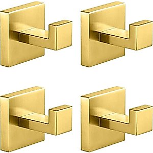 LGSFTBFS 4 Pack Square Towel Hooks for Bathrooms, Gold Towel Hook for Kitchen Bathroom, SUS304 Stainless Steel Coat Hook, Heavy Duty Holder Robe Hooks for Hanging Towels, Coats, sponges, Wall Mount