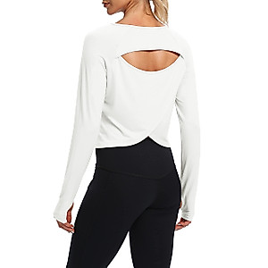 Bestisun Long Sleeve Open Back Workout Shirts Yoga Athletic Tops Gym Dance Fall Clothes for Women White M