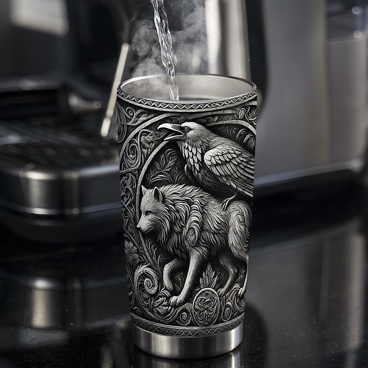 20oz Raven Wolf Tumbler, Viking Gifts for Men, Norse Mythology Gifts, Coffee Thermos, Viking Celtic Wolf Raven Tumbler Cup, Stainless Steel Double Wall Vacuum Insulated Coffee Mug, Travel Cup with Lid