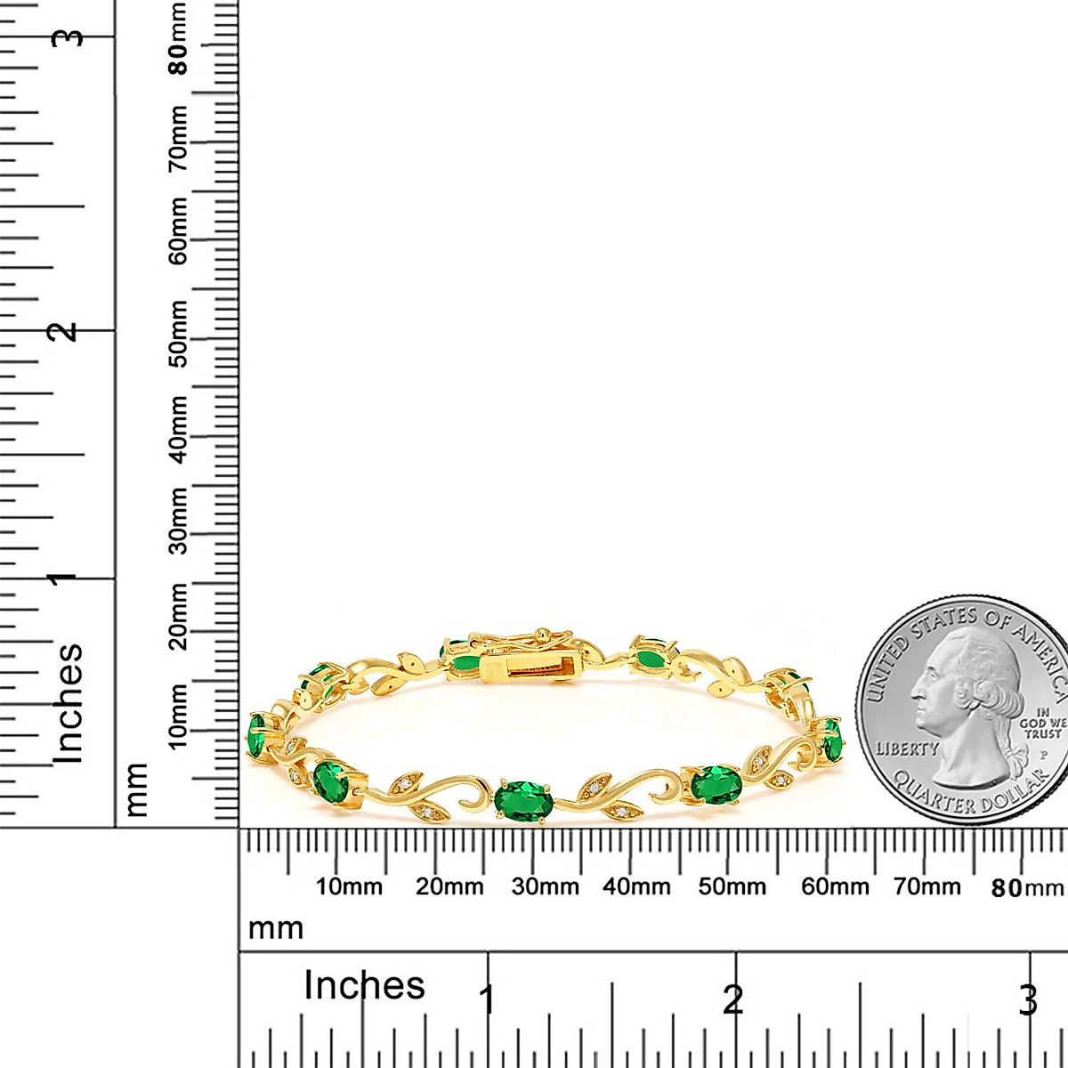 Gem Stone King 18K Yellow Gold Plated Silver Simulated Emerald Diamond Greek Vine 7 Inch Tennis Bracelet For Women