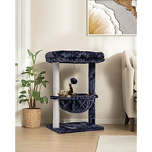 SYANDLVY Small Cat Tree for Indoor Cats, Activity Cat Tower with Scratching Post for Kittens, Cat Condo & Furniture with Basket & Hanging Ball for Play Rest