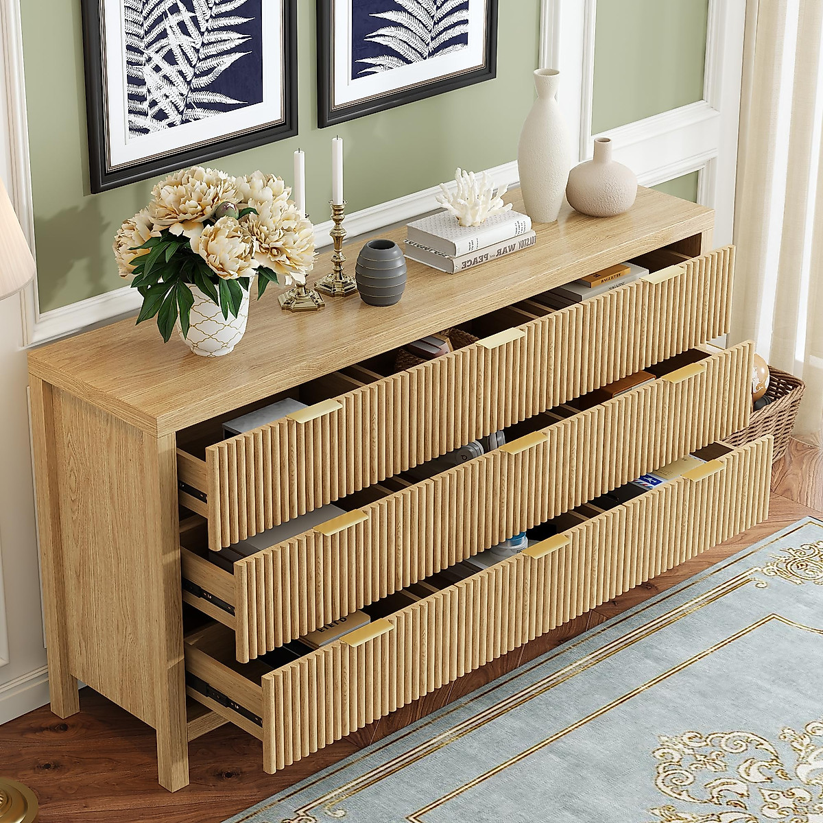 JZXSHD 9 Drawers Dresser, Modern Large Chest Mid Century Modern Dresser TV Stand, Storage Organizer Dresser with Solid Natural Wood Legs for Bedroom, Living Room, Hallway, Natural Oak