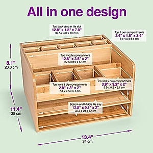 MissionMax Bamboo Wood Desk Organizer, Max Storage with Two File Trays, Vertical File, Pens, Pads and Other Bins to Hold Your Work Necessities