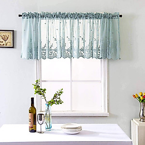 Molaxhome Kitchen Window Valance Lace Curtains, 102x16inch Floral Sheer Rod Pocket Curtain Valance for Dinning Bath Room(2pcs Blue 51x16)