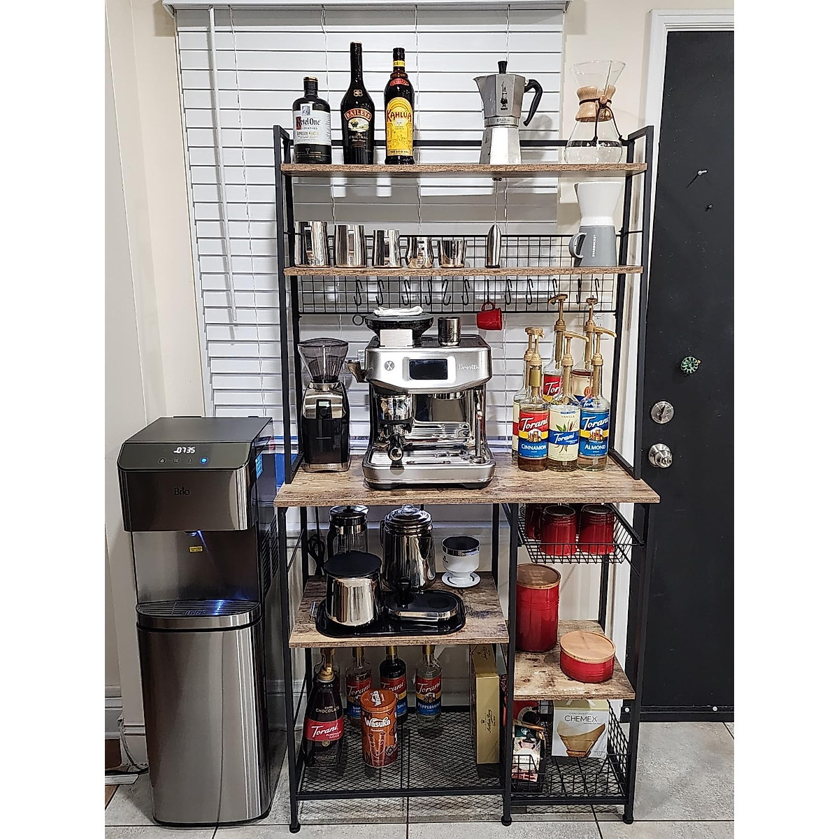 X-cosrack 5-Tier Coffee Bar Rack, Industrial Bakers Rack with Storage Shelves Hooks, Microwave Rack Organizer with Wire Basket Drawer for Kitchen, Coffee Station Pantry, (Rustic Brown)