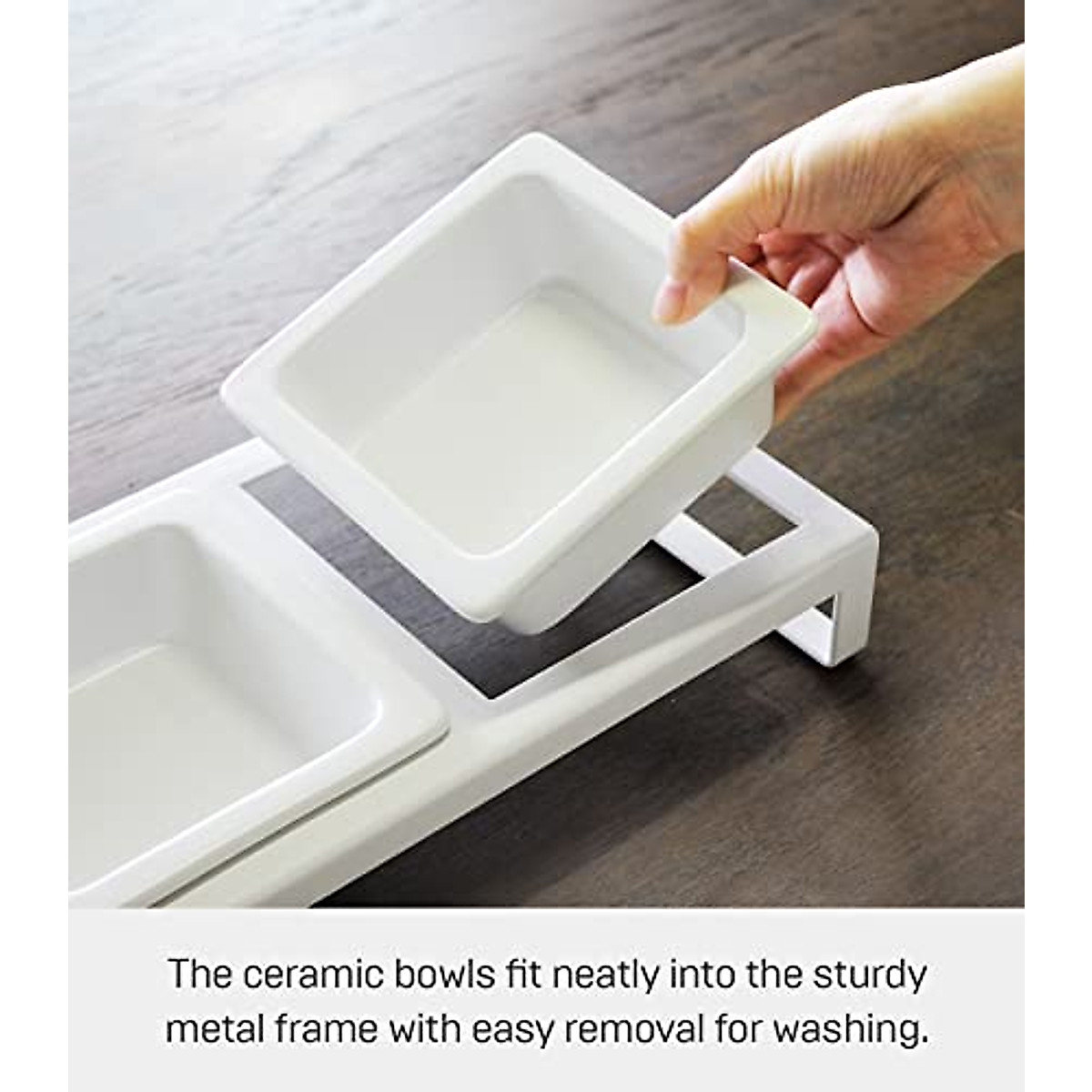 Yamazaki Home Tower Steel and Ceramic Pet Food Stand | 2 Bowls for Food and Water | Feeder for Small Cats and Dogs | Non-Slip - Short - 1.25 Cups, 300 Milliliters Per Bowl, White